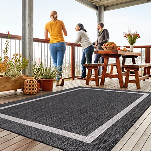 Beverly Rug Waikiki Indoor Outdoor Rug 6x9, Washable Outside Carpet for Patio, Deck, Porch, Bordered Modern Area Rug, Water Resistant, Dark Grey - Light Grey