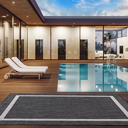 Beverly Rug Waikiki Indoor Outdoor Rug 6x9, Washable Outside Carpet for Patio, Deck, Porch, Bordered Modern Area Rug, Water Resistant, Dark Grey - Light Grey