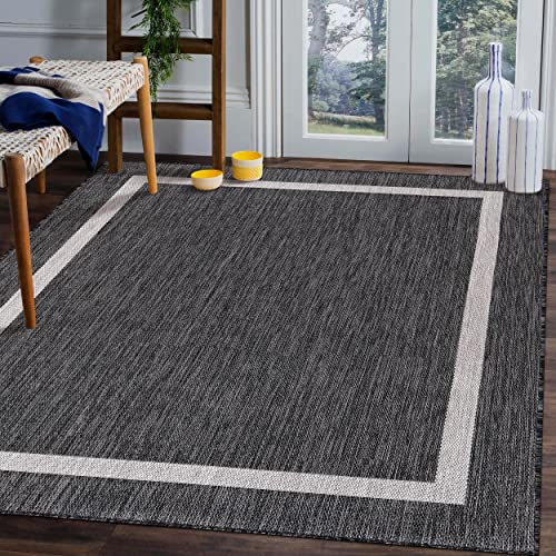 Beverly Rug Waikiki Indoor Outdoor Rug 6x9, Washable Outside Carpet for Patio, Deck, Porch, Bordered Modern Area Rug, Water Resistant, Dark Grey - Light Grey