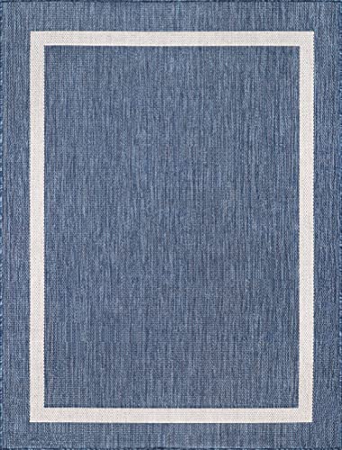 Beverly Rug Waikiki Indoor Outdoor Rug 5x7, Washable Outside Carpet for Patio, Deck, Porch, Bordered Modern Area Rug, Water Resistant, Blue - White