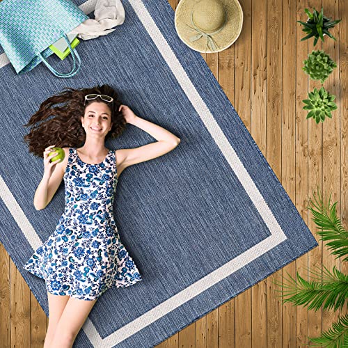 Beverly Rug Waikiki Indoor Outdoor Rug 5x7, Washable Outside Carpet for Patio, Deck, Porch, Bordered Modern Area Rug, Water Resistant, Blue - White