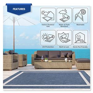 Beverly Rug Waikiki Indoor Outdoor Rug 5x7, Washable Outside Carpet for Patio, Deck, Porch, Bordered Modern Area Rug, Water Resistant, Blue - White