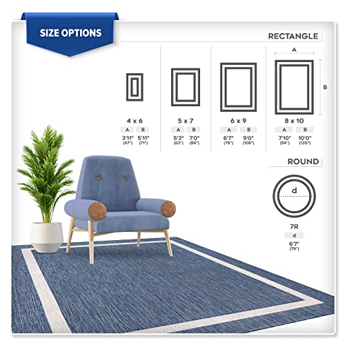 Beverly Rug Waikiki Indoor Outdoor Rug 5x7, Washable Outside Carpet for Patio, Deck, Porch, Bordered Modern Area Rug, Water Resistant, Blue - White