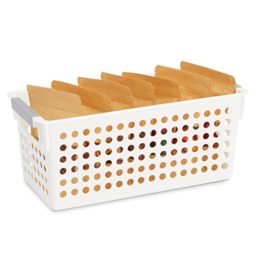 4 Pack White Plastic Baskets for Organizing, Narrow Storage Bins with Gray Handles, Small Nesting Containers for Shelf, Laundry, Office (5 In)