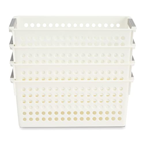 4 Pack White Plastic Baskets for Organizing, Narrow Storage Bins with Gray Handles, Small Nesting Containers for Shelf, Laundry, Office (5 In)