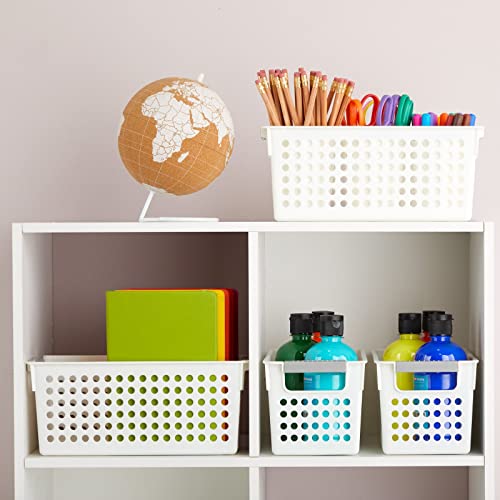 4 Pack White Plastic Baskets for Organizing, Narrow Storage Bins with Gray Handles, Small Nesting Containers for Shelf, Laundry, Office (5 In)