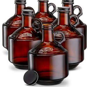 KooK Amber Glass Bottles, Growlers, with Black Plastisol Lined Lids, Beer, Soda, Cider, Kombucha, Set of 6, 32oz