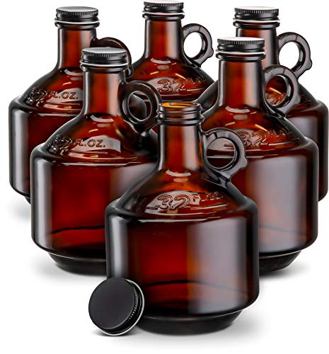 KooK Amber Glass Bottles, Growlers, with Black Plastisol Lined Lids, Beer, Soda, Cider, Kombucha, Set of 6, 32oz