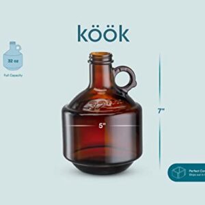 KooK Amber Glass Bottles, Growlers, with Black Plastisol Lined Lids, Beer, Soda, Cider, Kombucha, Set of 6, 32oz