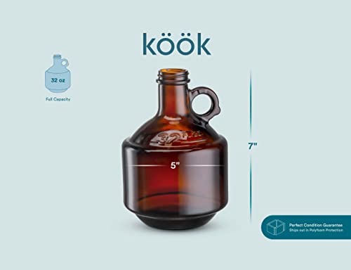 KooK Amber Glass Bottles, Growlers, with Black Plastisol Lined Lids, Beer, Soda, Cider, Kombucha, Set of 6, 32oz