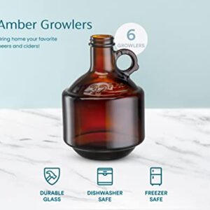 KooK Amber Glass Bottles, Growlers, with Black Plastisol Lined Lids, Beer, Soda, Cider, Kombucha, Set of 6, 32oz