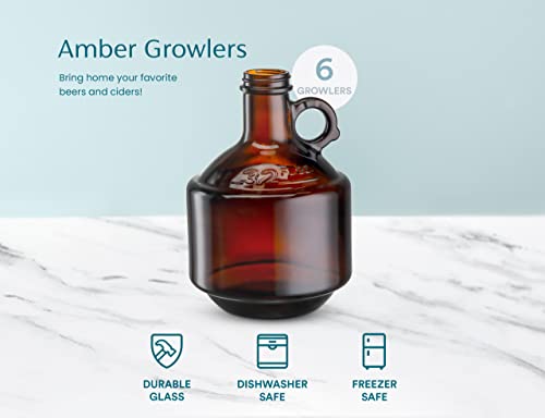 KooK Amber Glass Bottles, Growlers, with Black Plastisol Lined Lids, Beer, Soda, Cider, Kombucha, Set of 6, 32oz