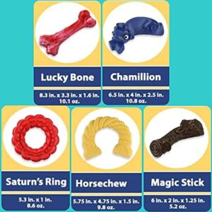 GNAWLY DOG Chew Toys for Aggressive Chewers, 5 Pack, Flavor Infused Heavy Duty Rubber Bones, Ring, Antlers, Ropes and Animal, Indoor and Outdoor Play for Medium to Large Breeds