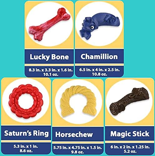 GNAWLY DOG Chew Toys for Aggressive Chewers, 5 Pack, Flavor Infused Heavy Duty Rubber Bones, Ring, Antlers, Ropes and Animal, Indoor and Outdoor Play for Medium to Large Breeds