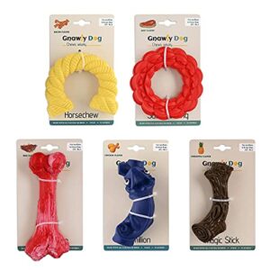 GNAWLY DOG Chew Toys for Aggressive Chewers, 5 Pack, Flavor Infused Heavy Duty Rubber Bones, Ring, Antlers, Ropes and Animal, Indoor and Outdoor Play for Medium to Large Breeds