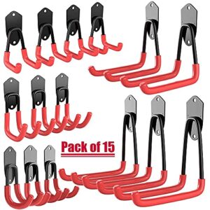 torack garage hooks heavy duty, 15 pack wall mount steel utility hooks&hangers, anti-slip rubber coated, garage storage organizer for garden tools, power tools, ladders, brooms, bikes, bulk items