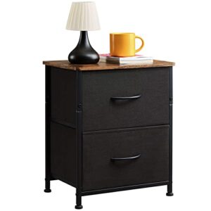 somdot nightstand with 2 drawers, bedside table small dresser with removable fabric bins for bedroom nursery closet living room - sturdy steel frame, wood top, pull handle - black/rustic brown