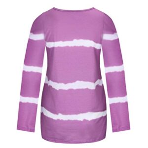 ESKNAS Womens Pullover Tops Autumn Tie-Dye Stripe Print Long Sleeve T-Shirts Button Scoop Neck-Henley Shirts (Purple,L)