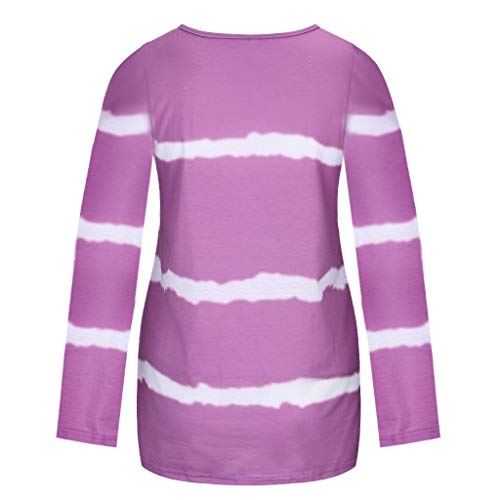 ESKNAS Womens Pullover Tops Autumn Tie-Dye Stripe Print Long Sleeve T-Shirts Button Scoop Neck-Henley Shirts (Purple,L)