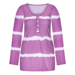 ESKNAS Womens Pullover Tops Autumn Tie-Dye Stripe Print Long Sleeve T-Shirts Button Scoop Neck-Henley Shirts (Purple,L)