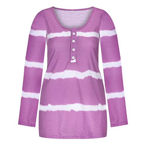 ESKNAS Womens Pullover Tops Autumn Tie-Dye Stripe Print Long Sleeve T-Shirts Button Scoop Neck-Henley Shirts (Purple,L)