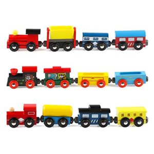 joqutoys 12 pcs wooden train cars, train toys magnetic set includes 3 engines and storage bag, toy train sets for kids toddler boys and girls, compatible with major brands train tracks set