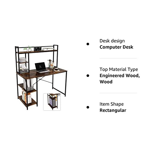 Nost & Host Computer Desk with Hutch & Bookshelf, Home Office Working Table with Hutch & 2 Tier Adjustable Shelves, Sturdy Wooden Desk for Study Gaming, Easy Assemble, 47.2 inches, Rustic Brown