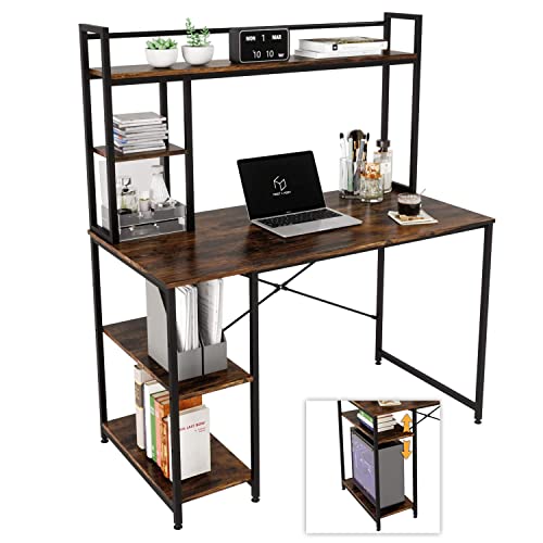 Nost & Host Computer Desk with Hutch & Bookshelf, Home Office Working Table with Hutch & 2 Tier Adjustable Shelves, Sturdy Wooden Desk for Study Gaming, Easy Assemble, 47.2 inches, Rustic Brown