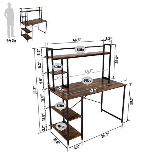 Nost & Host Computer Desk with Hutch & Bookshelf, Home Office Working Table with Hutch & 2 Tier Adjustable Shelves, Sturdy Wooden Desk for Study Gaming, Easy Assemble, 47.2 inches, Rustic Brown