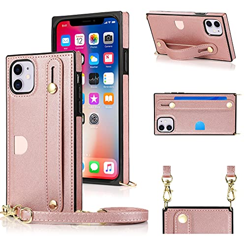 KIHUWEY iPhone 11 Crossbody Wallet Case with Credit Card Holder,Protective Kickstand Cover Case for iPhone 11 6.1 Inch (Rose Gold)