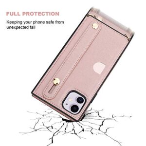 KIHUWEY iPhone 11 Crossbody Wallet Case with Credit Card Holder,Protective Kickstand Cover Case for iPhone 11 6.1 Inch (Rose Gold)