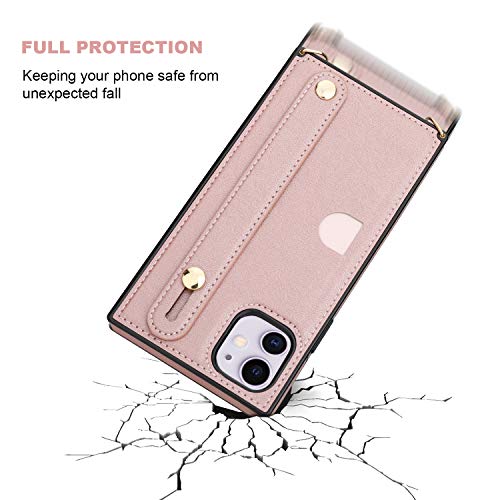 KIHUWEY iPhone 11 Crossbody Wallet Case with Credit Card Holder,Protective Kickstand Cover Case for iPhone 11 6.1 Inch (Rose Gold)