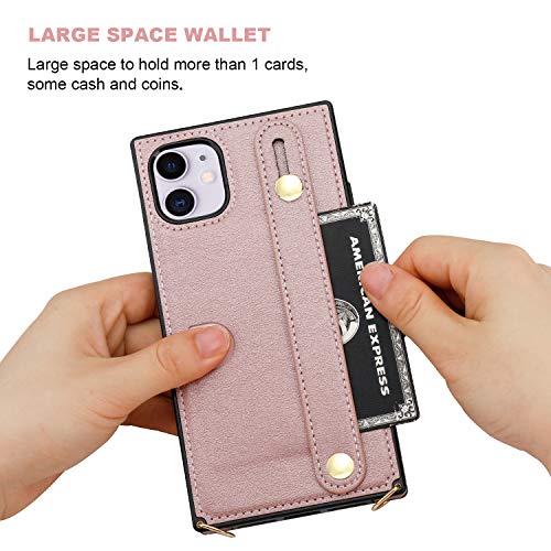 KIHUWEY iPhone 11 Crossbody Wallet Case with Credit Card Holder,Protective Kickstand Cover Case for iPhone 11 6.1 Inch (Rose Gold)