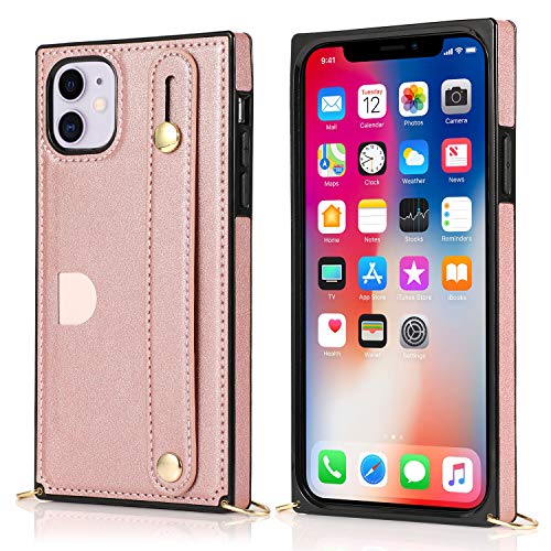 KIHUWEY iPhone 11 Crossbody Wallet Case with Credit Card Holder,Protective Kickstand Cover Case for iPhone 11 6.1 Inch (Rose Gold)