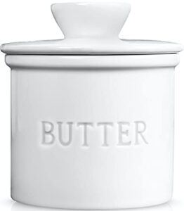 french butter crock for counter with water line, on demand spreadable butter, ceramic bell style butter keeper to leave on counter, french butter dish with lid, white