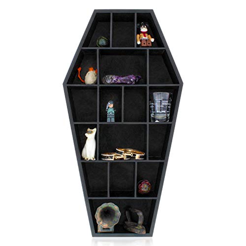 Gothic Curiosities Curio Coffin Shelf - Wooden Goth Decor for Display or Storage of Shot Glasses, Mini Figures, Rocks, and More - 18.5 by 9.75 by 2.75 Inches