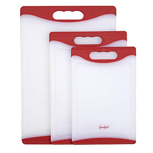 Goodful Cutting Board (3 Piece Set)- Non-Slip Edges, Easy Grip Handles, Made without BPA, Non-Porous, Dishwasher Safe, Multiple Sizes, Red