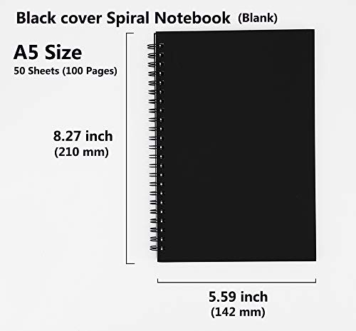 Wotion A5 Black Spiral Notebook Blank Sketchbook Unruled Journal Pack,Thick Blank Paper 50 Sheet 100 Unlined Pages 5.59“ x 8.27” 5 Pack…