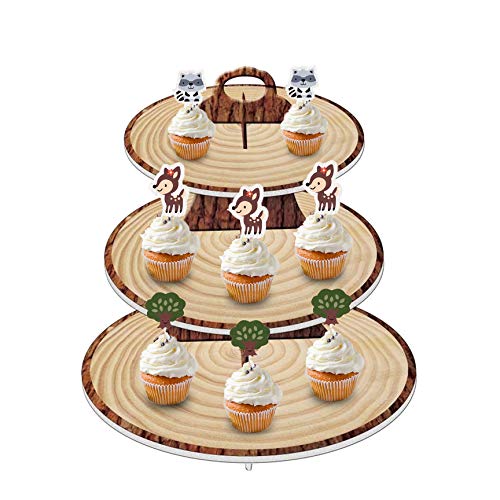 Wood-Grain 3-Tier Cardboard Cupcake Stand/Tower | Wild One, Woodland Animal Baby Shower Decorations, Camp-Fire Party Supplies, Lumberjack Theme Birthday Decor, Western Cowboy/Cowgirl Birthday Parties