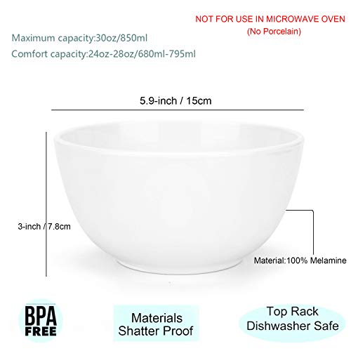 KX-WARE Melamine Bowls set - 28oz 6inch 100% Melamine Cereal/Soup/Salad Bowls, Set of 6 White | Shatter-Proof and Chip-Resistant Dishwasher Safe, BPA Free