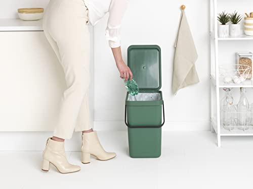 Brabantia Sort & Go Kitchen Recycling / Garbage Trash Can (6.6 Gal / Fir Green) Stackable Refuse Organiser with Handle & Removable Lid, Easy Clean, PerfectFit Bags Included