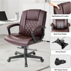 Qulomvs Executive Office Chair Mid Back, Ergonomic Office Desk Chair with Wheels Back Support, Computer Task Work Chair with Arms 360 Swivel (Brown)