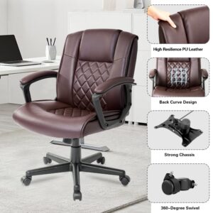 Qulomvs Executive Office Chair Mid Back, Ergonomic Office Desk Chair with Wheels Back Support, Computer Task Work Chair with Arms 360 Swivel (Brown)