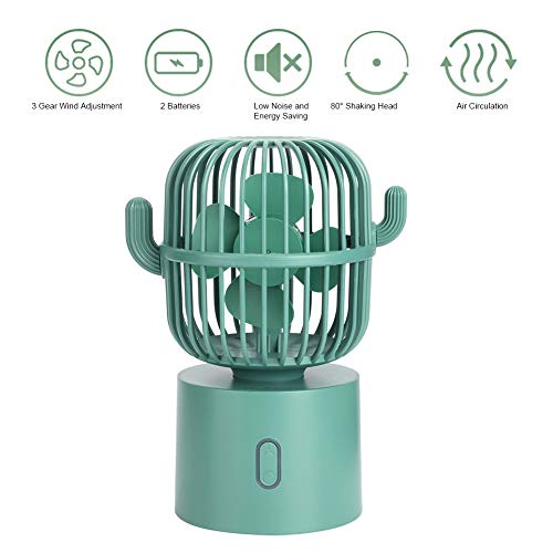 USB Desk Fan, 3 Speeds Adjustable Portable Cute Cactus Desktop Table Fan Two Ways Charging Wide-Angle Shaking Head Mini Personal Cooling Fan for Home, Office, Car, Desktop Decoration(Green)