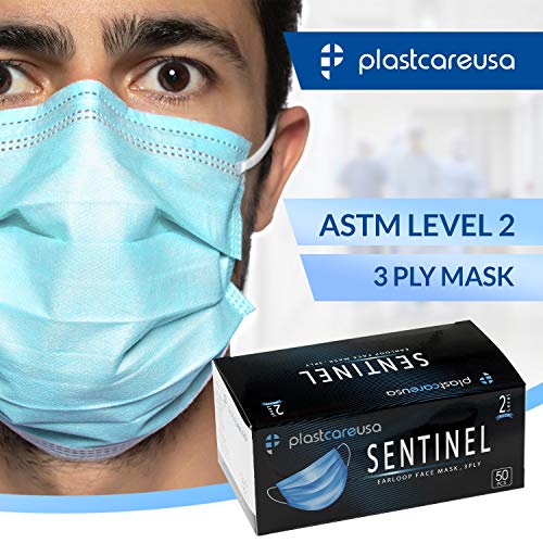 ASTM Level 2 Blue 3-Ply Earloop Face Masks by PlastCare USA (Box of 50)