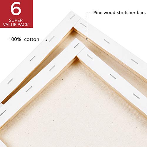 Artecho 16x20 Inch Stretched Canvas, White Blank 6 Pack, Primed 100% Cotton, Super Value Bulk Pack for Painting, Acrylic Pouring, Oil Paint & Artist Media