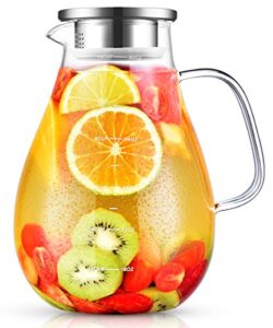 glass pitcher, veecom 80oz water pitcher with lid, large glass pitcher with lid and spout for hot&cold beverage, juice, iced tea pitcher for fridge, borosilicate glass carafe/jug with brush