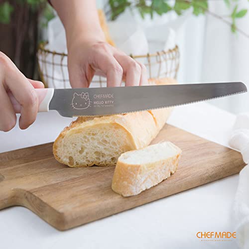 CHEFMADE Hello Kitty 8-Inch Serrated Bread Knife, Non-Stick Stainless Steel Toast Knife with Non-slip Silicone Handle, Traditional Artificial Forging Made in Japan