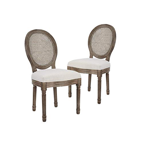 CangLong Farmhouse Dining Room Accent Chairs French Distressed Bedroom Chairs with Round Rattan Back Elegant Kitchen Chairs Side Chair, Set of 2 , Rattan Back in Beige