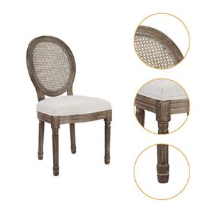 CangLong Farmhouse Dining Room Accent Chairs French Distressed Bedroom Chairs with Round Rattan Back Elegant Kitchen Chairs Side Chair, Set of 2 , Rattan Back in Beige